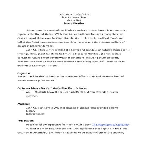Severe Weather Grade Five Science Lesson Plan John Muir Study Guide | PDF