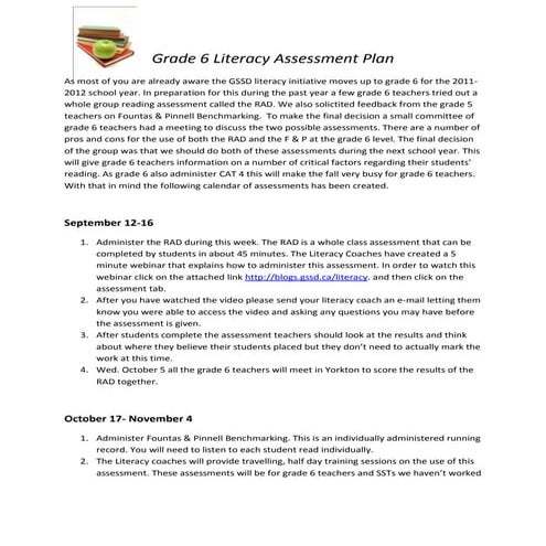 Grade 6 literacy assessment plan | DOCX