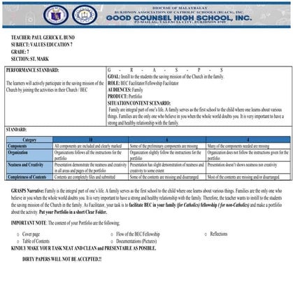 Grade 7 performance task with complete Grasps form | DOCX