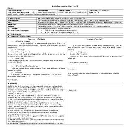 Lesson plan in carpentry tools