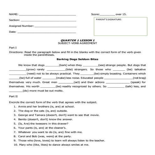 Grade 7 quarter 1 lesson 1 sv agreement barking dogs seldom bite | DOCX