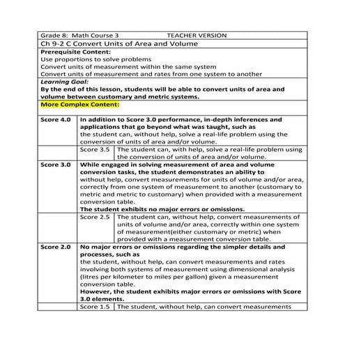 Grade 8 9 2 c marzano rubric florida math connects course 3 | PDF