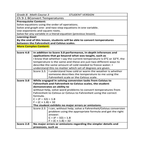 Grade 8 course 3 9 1 b Convert Temperatures marzano rubric florida math ...