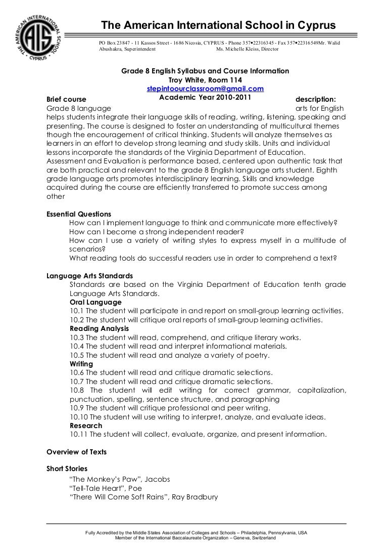 Grade 8 English Syllabus 2010 2011 grade-8-english-syllabus-2010-2011