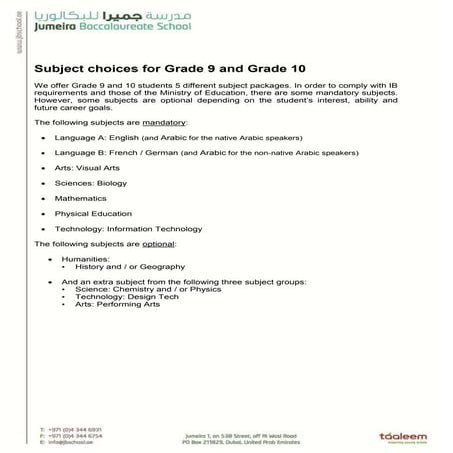 Grade 9 and 10 Subject Choices - Jumeira Baccalaureate School | PDF