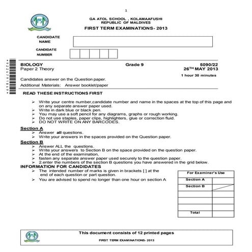 Grade 9 biology paper 2 term 1 2013 | DOCX
