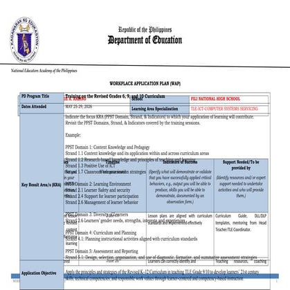 Comprehensive Workplace Application Plan for TLE Curriculum Training ...
