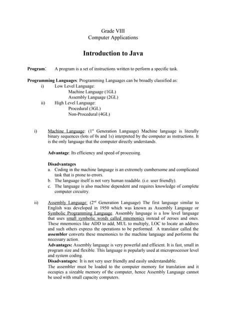 Grade 8 Introduction To Java Doc Programming Languages Computing