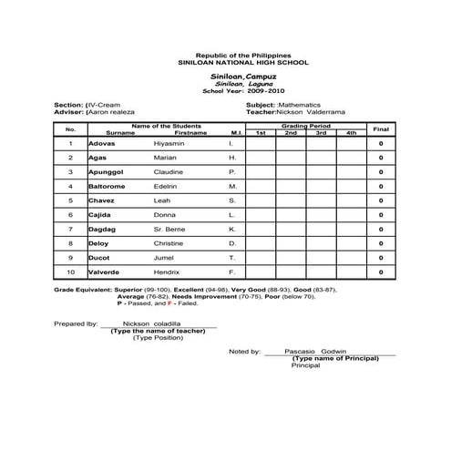 Grading Sheet Pdf