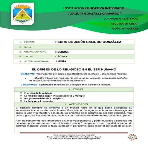 Taller Grado 10 El origen de lo religioso en el ser humano | PDF