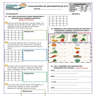 evaluacion Grado 2 matematicas | DOCX