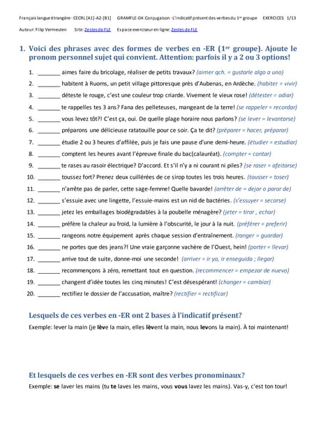 L'indicatif présent des verbes du 1er groupe · Exercices [CORRIGÉ] | PDF