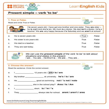 Verb To Be Present Simple Interactive Worksheet