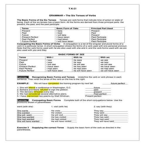 GRAMMAR - The Six Tenses of Verbs - Free english lesson- | DOC