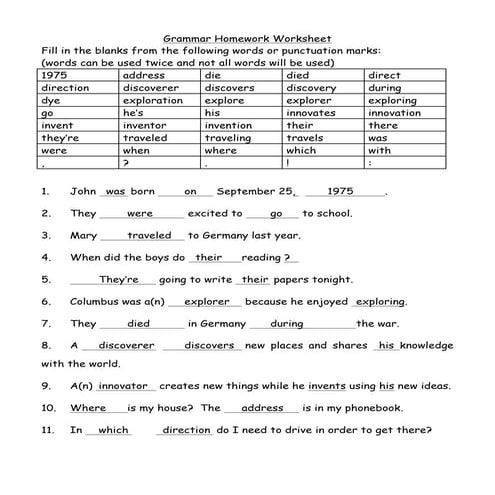 Grammar homework worksheet answer sheet | PDF