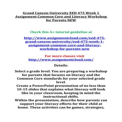 Grand canyon university eed 475 week 1 assignment common core and literacy workshop for parents ...