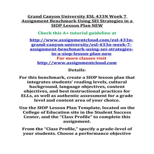 Grand canyon university esl 433 n week 7 assignment benchmark using sei strategies in a siop ...
