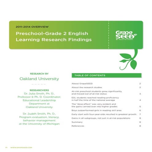 Preschool-Grade 2 English Learning Research Findings Overview | PDF