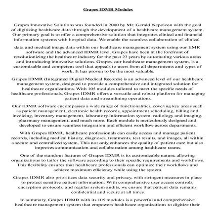 Grapes HMS | Grapes IDMR | Healthcare Management System | PDF