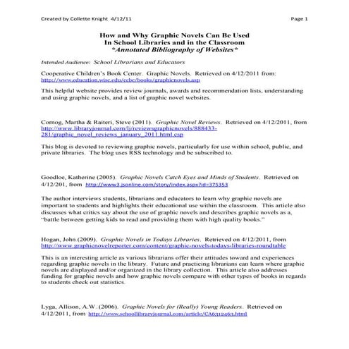 Graphic Novels For Use In The Classroom Annotated Bibliography | PDF