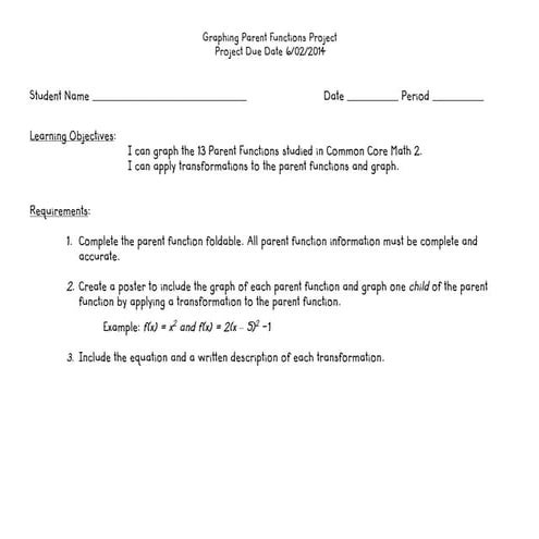 Rubric for Graphing parent functions project | PDF