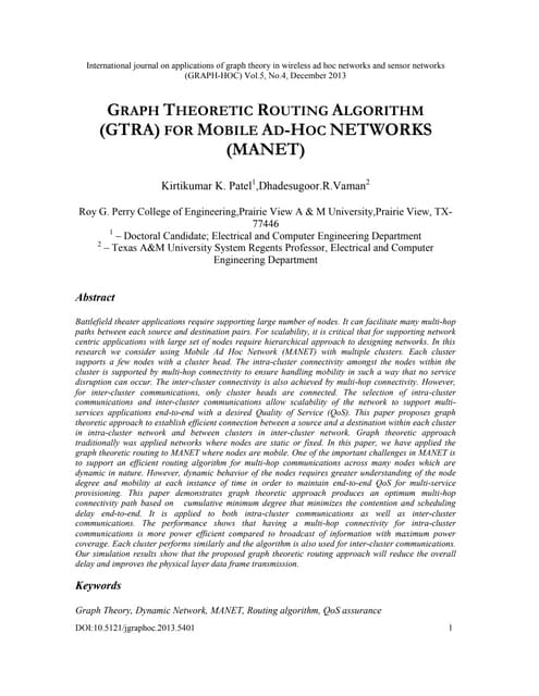 Graph Theoretic Routing Algorithm Gtra For Mobile Ad Hoc Networks Manet Pdf