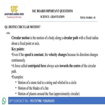 Comprehensive SSC Board Science Questions on Gravitation and Circular ...