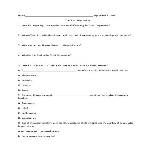 Great depression quiz | PDF
