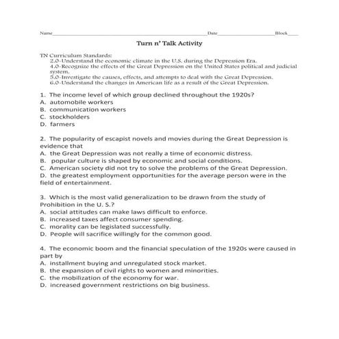 Great depression turn n talk activity | PDF