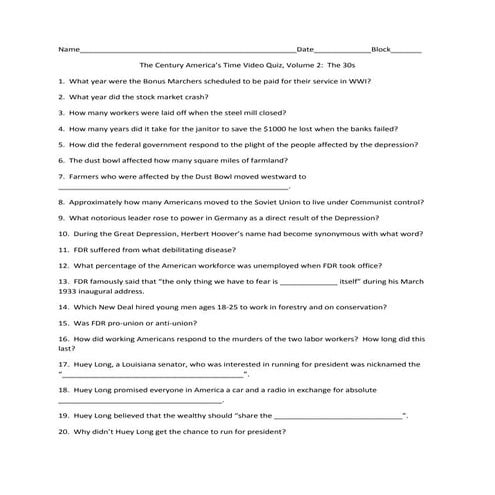 Great depression video quiz the century episode the 30s | DOCX