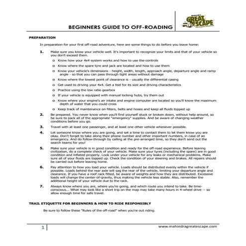 BEGINNERS GUIDE TO OFF-ROADING - by Mahindra Great Escape | PDF