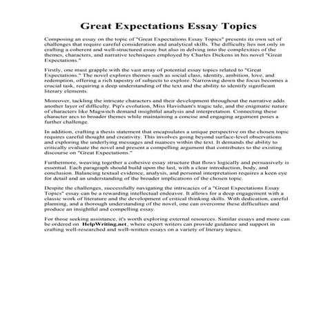 Great Expectations Essay Topics. Great Expectations essay plan A ...