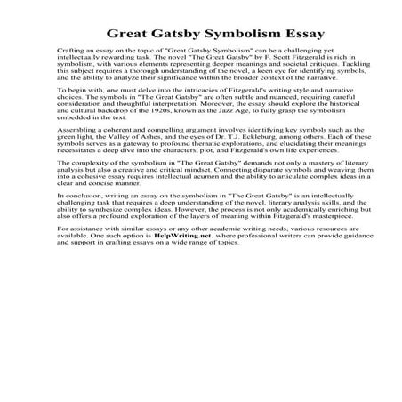 Great Gatsby Symbolism Essay. The Great Gatsby Essays | PDF