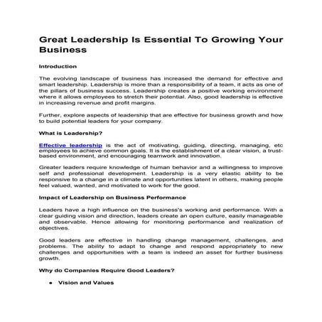 Great Leadership Is Essential To Growing Your Business | PDF
