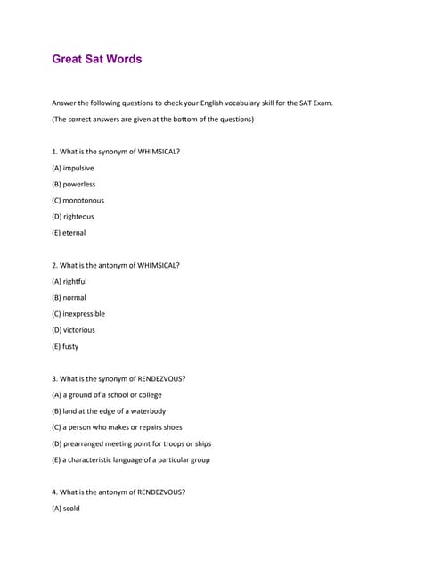 Sat Vocabulary Practice Questions | PDF
