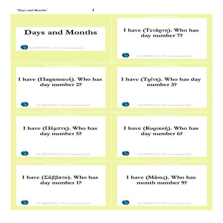 "Days and Months" Greek - English cards | PDF