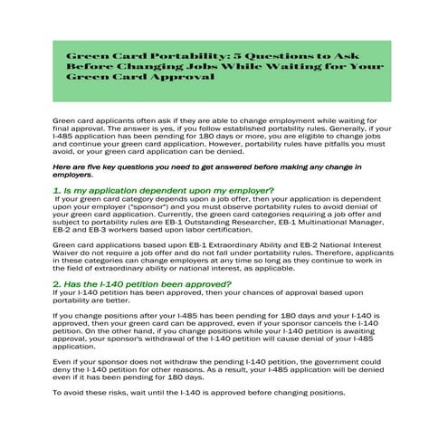 Green Card Portability - 5 Questions to Ask Before Changing Jobs While ...