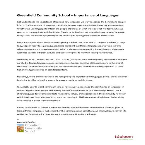 Greenfield community school – importance of languages | PDF | Education