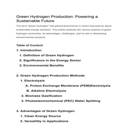 Green Hydrogen Production Powering a Sustainable Future | PDF