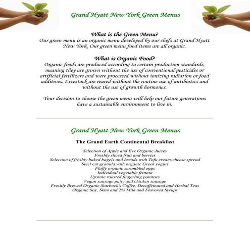 Green Menus At Grand Hyatt New York With Intro No Pricing | PDF