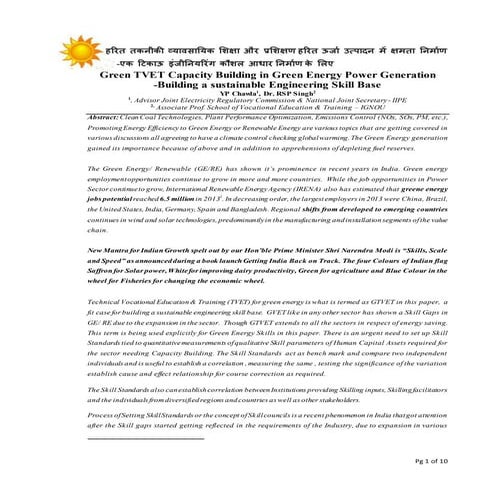 Presentation Green TVET Capacity Building in Green Power Generation Building a sustainable ...