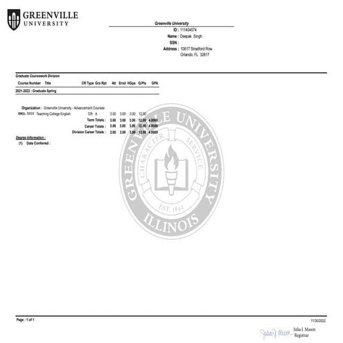 Greenville University Transcript of Deepak Danny Singh December 1, 2022 ...