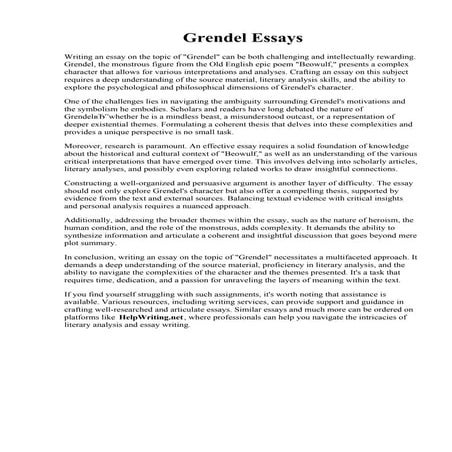 Grendel Essays. Beowulf and Grendel Writing Assignment | PDF