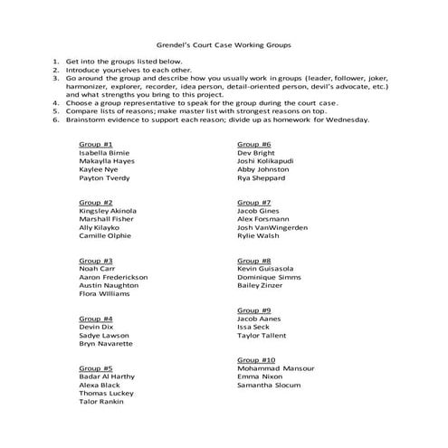 ISem 101 Grendel’s Court Case Working Groups | DOCX