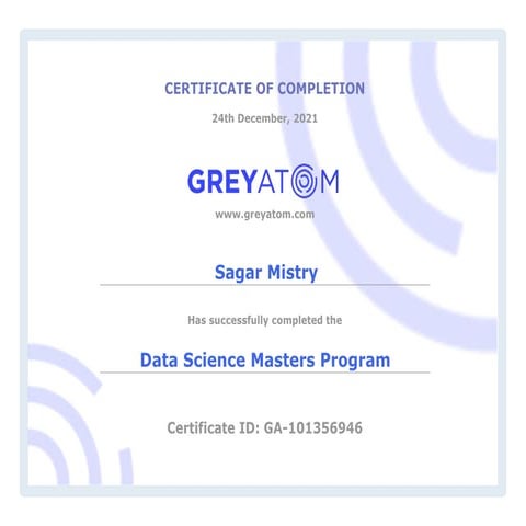 Greyatom Data Science Masters Program Certificate Ppt