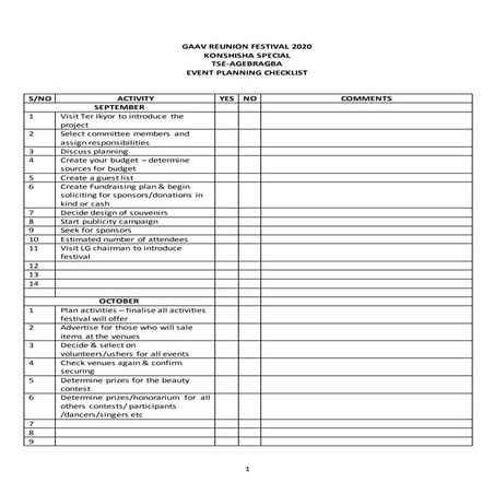 Gaav Reunion Festival: Activity Checklist | DOCX