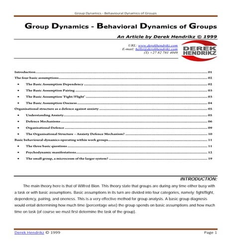 Group dynamics - behavioural dynamics of groups by Derek Hendrikz | PDF