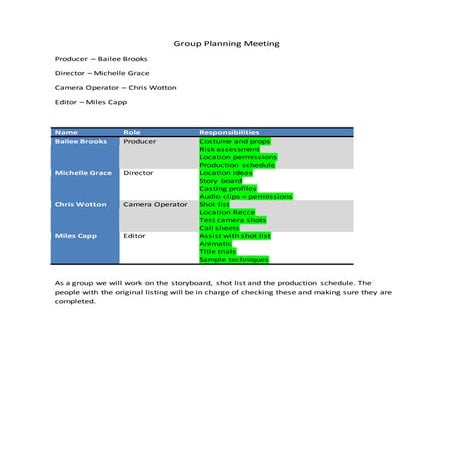 Group planning meeting | DOCX | Video Production | Content Production