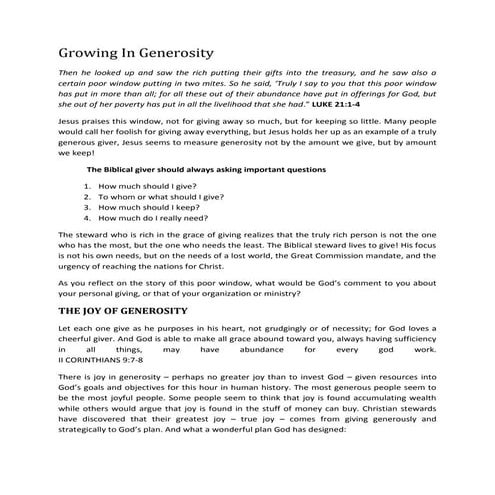 Growing in generosity | DOCX | Christianity | Religion & Spirituality