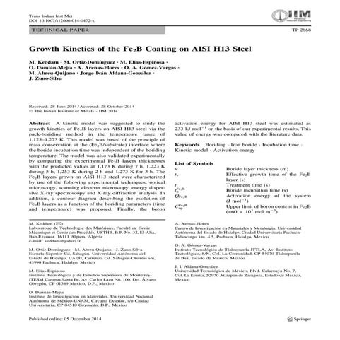 Growth kinetics of the fe2 b coating on aisi h13 steel | PDF